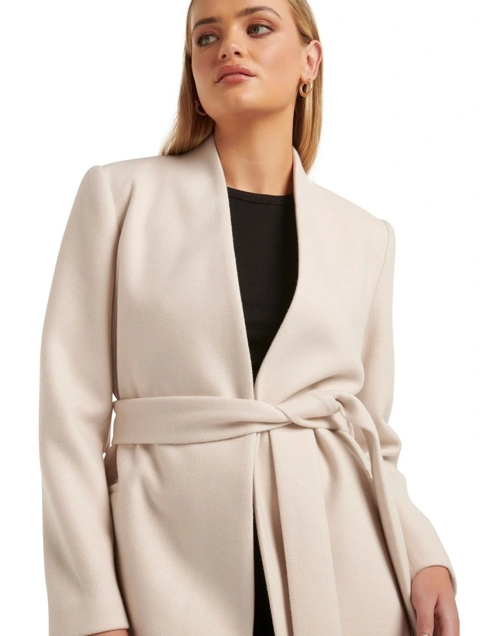 Forever New Faye Belted Collarless Coat in Cream | MYER