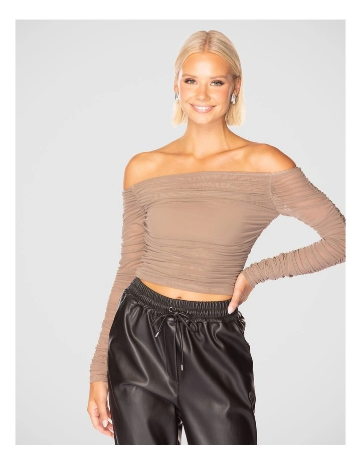 Pilgrim Kai Off Shoulder Mesh Top in Taupe | MYER