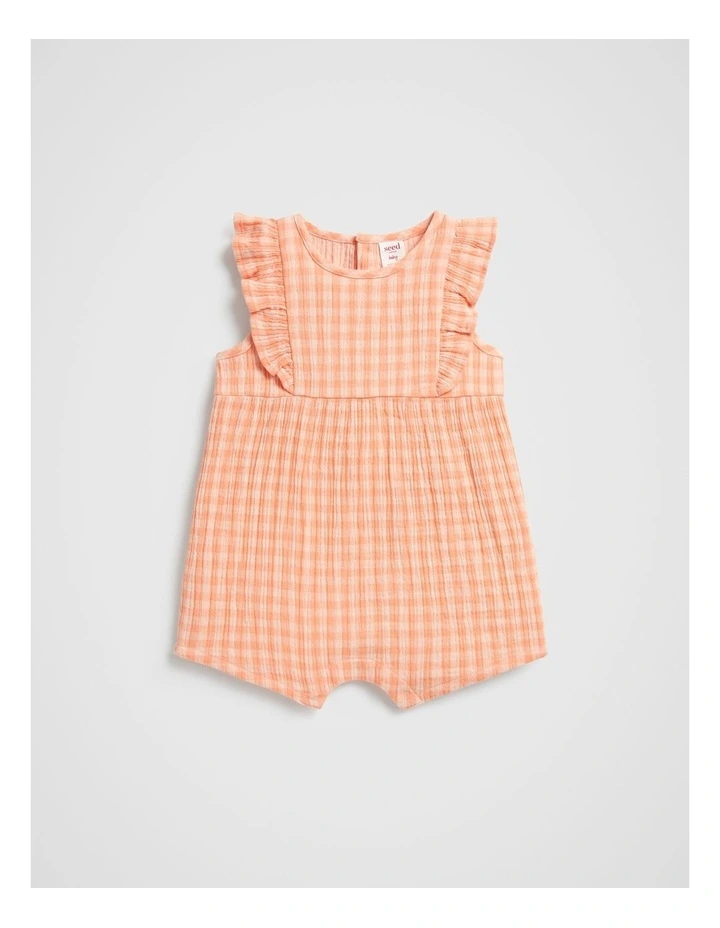 Seed Heritage Ruffle Check Romper in Coral Reef | MYER