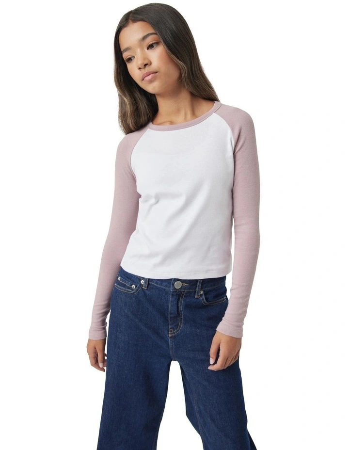 Decjuba Kids Long Sleeve Raglan Tee in White/Dark Orchid | MYER