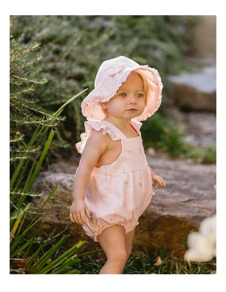 Bebe by Minihaha Florenece Embroidered Frill Romper in Pink | MYER