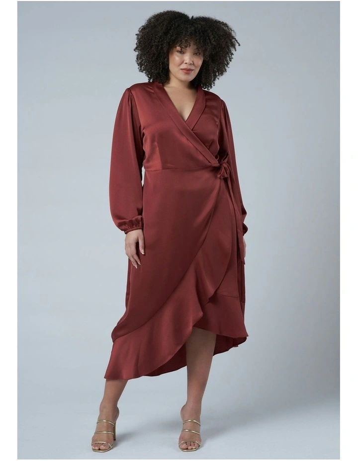 Pink Dusk Satin Wrap Dress in Rust | MYER