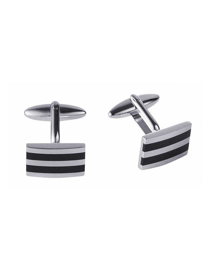 Cudworth Polished Stainless Steel Ion Plated Striped Cufflinks In Black ...