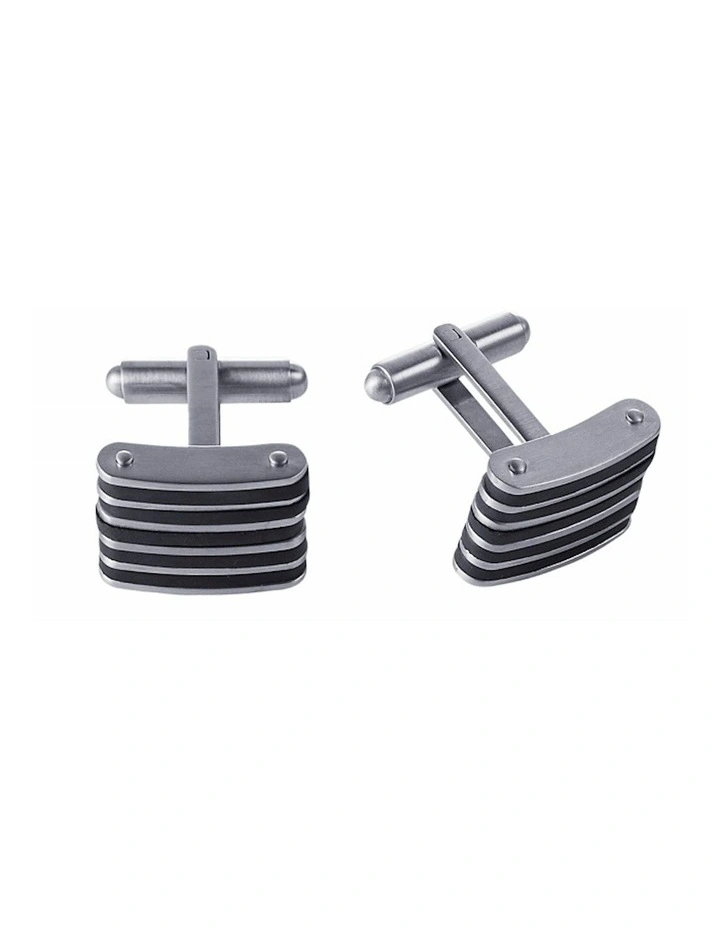 Cudworth Stainless Steel Striped Cufflinks In Black Rubber | MYER