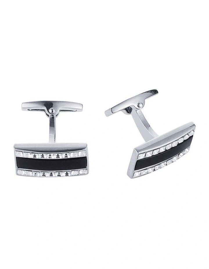 Cudworth Polished Rhodium With Onyx & Crystal Rectangle Cufflinks In ...