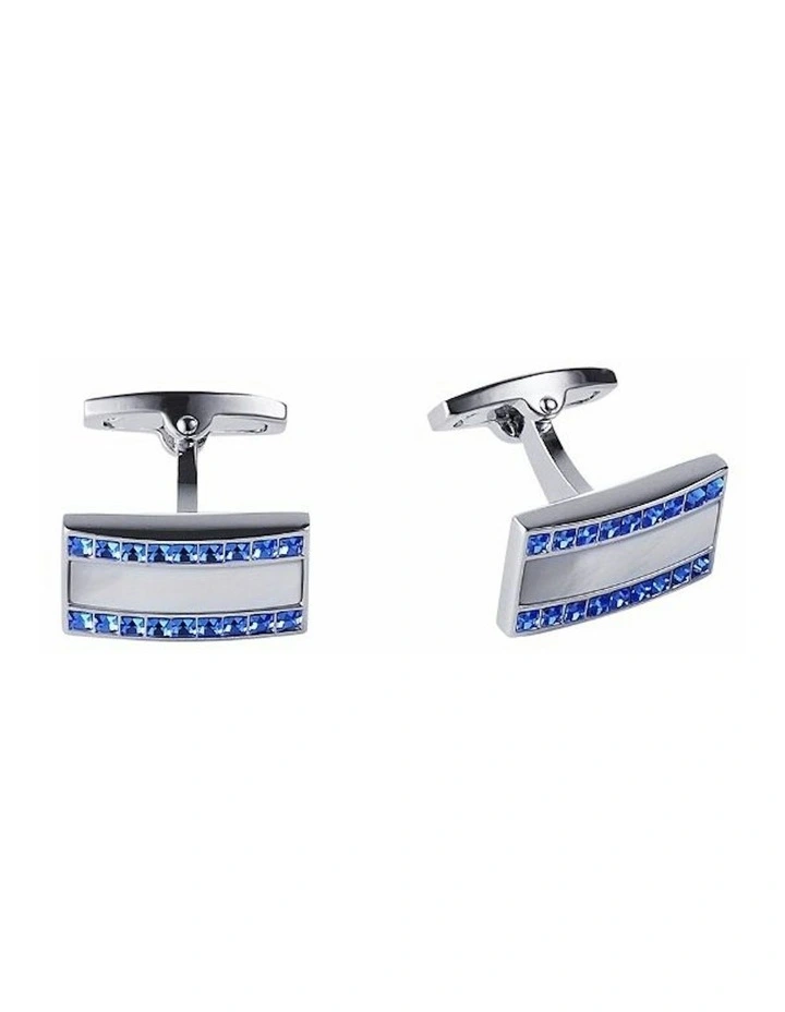 Cudworth Polished Rhodium With Mother Of Pearl & Sapphire Crystal Rectangle Cufflinks In Blue ...