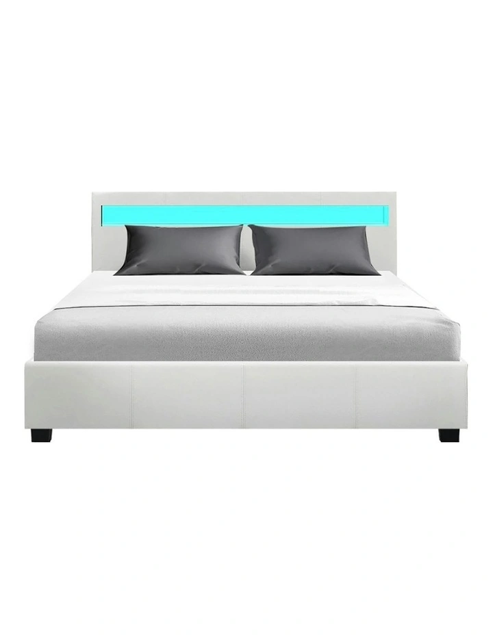 Artiss Cole Queen Double Size Gas Lift RGB LED Bed Frame In White | MYER