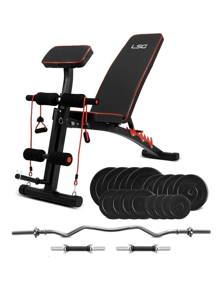 LSG GBN-007 6 Level FID Bench & Preacher Pad + 85kg Weight and Bar ...
