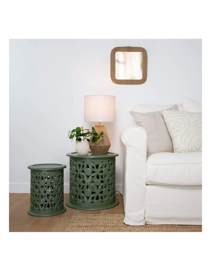 RAYELL Patera Carved Timber Side Table 36cm in Green | MYER