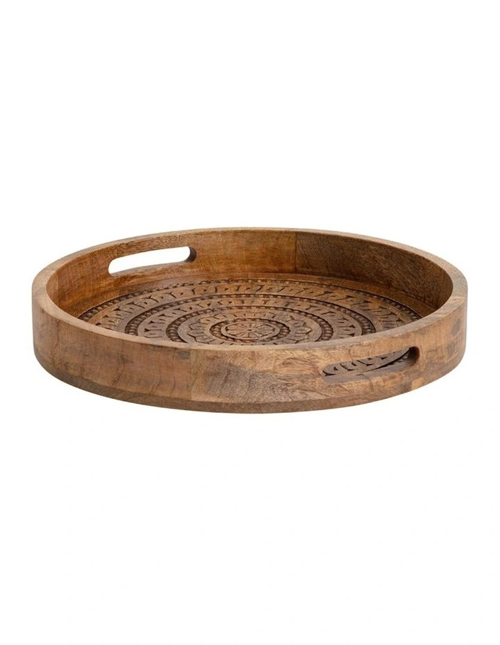 Willow & Silk Handcrafted Round Mango Wood Mandala Tray in Natural | MYER