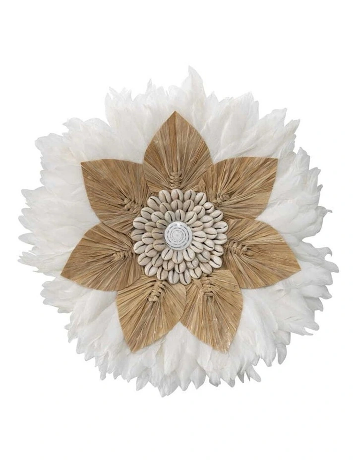 Willow & Silk Handmade Round Feather & Shell Flower Wall Art In Multi ...