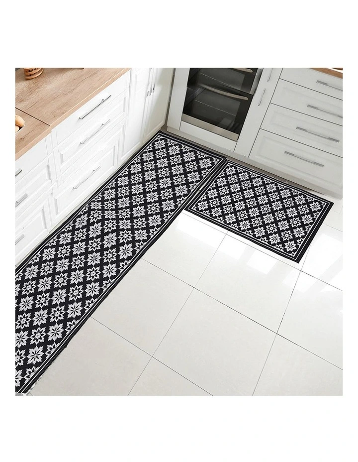Marlow 2x Kitchen Non-Slip Floor Area Rugs 45x180cm/45x75cm in Black ...