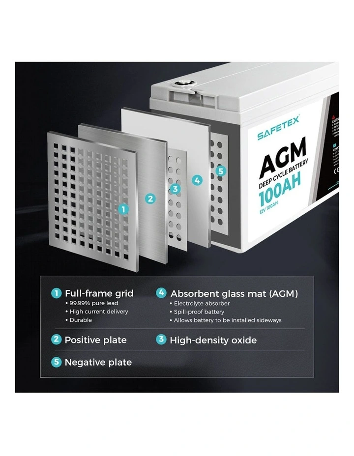 Safetex 12V 100Ah AGM 4WD Deep Cycle Battery with Strap Battery Box | MYER