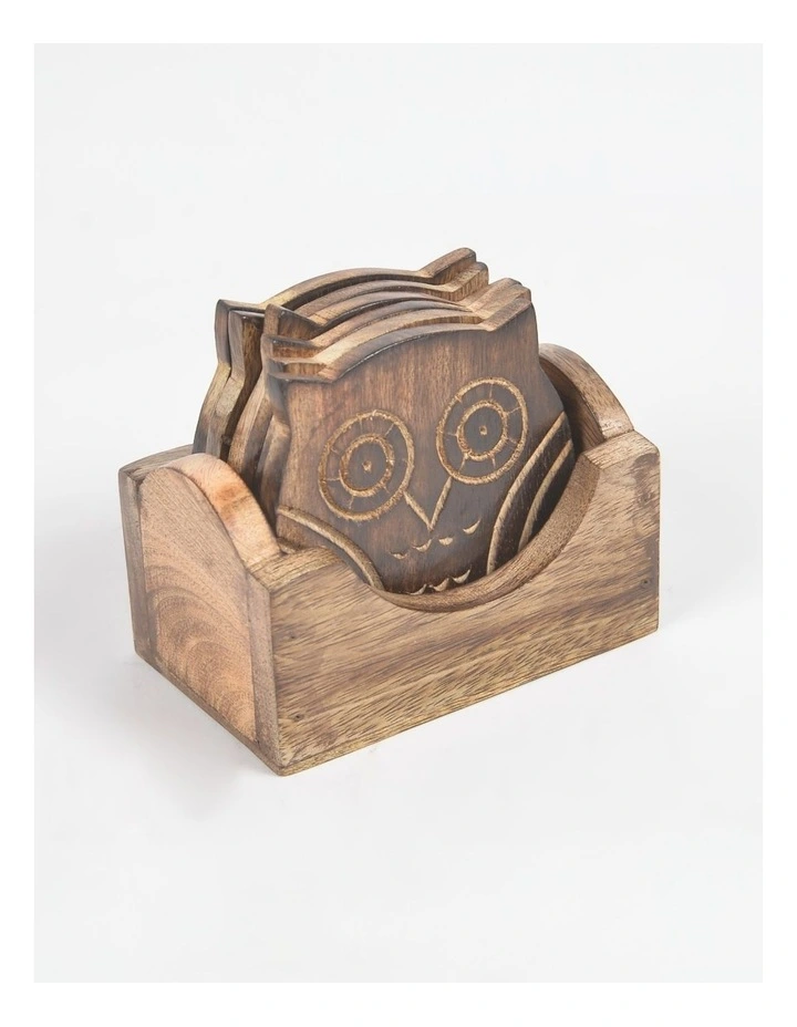 Yellow Drama Hand Carved Wooden Owl Coasters (Set of 6) | MYER