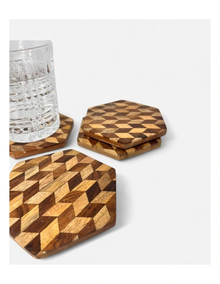 Yellow Drama Geometric Handmade Hexagonal Wooden Coasters Set of 4 in ...