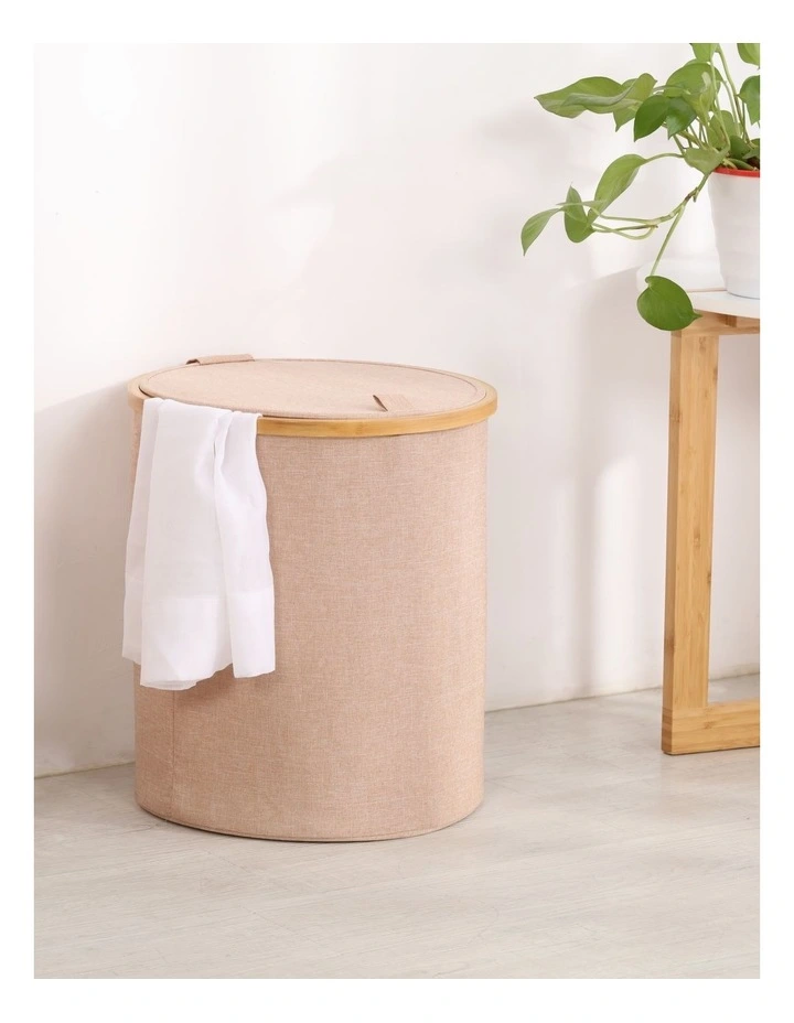 Sherwood Short Round Linen and Bamboo Laundry Hamper with Cover ...