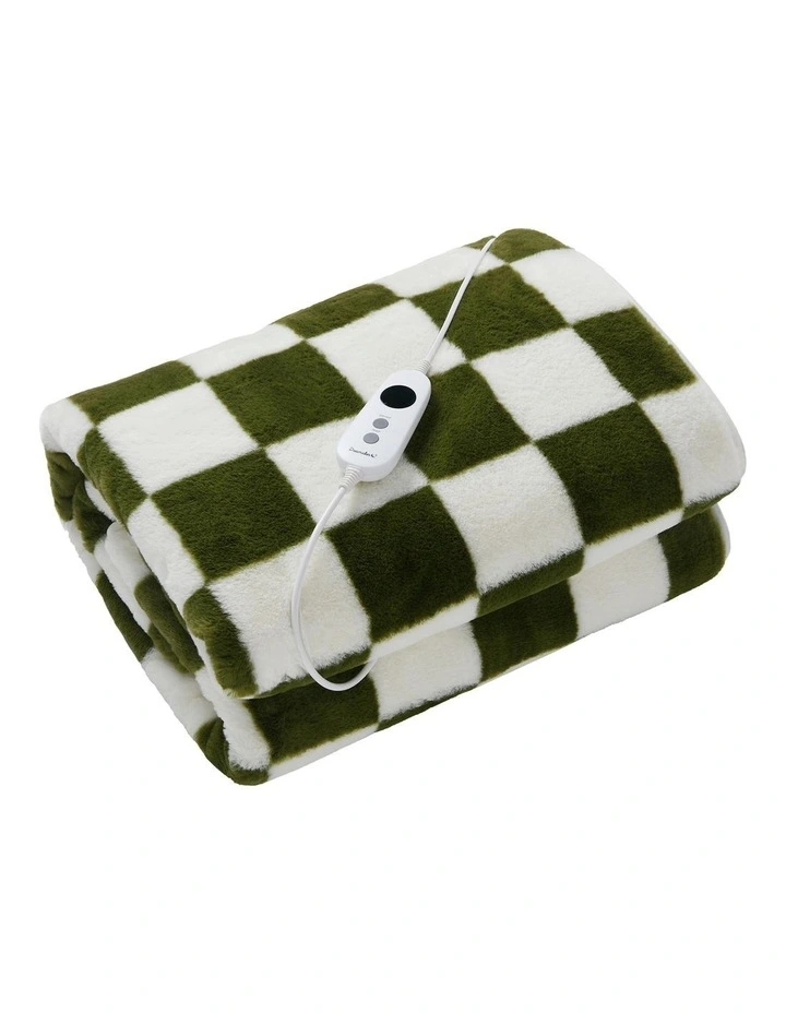 Dreamaker Checkered Plush Heated Throw In Olive/Cream | MYER